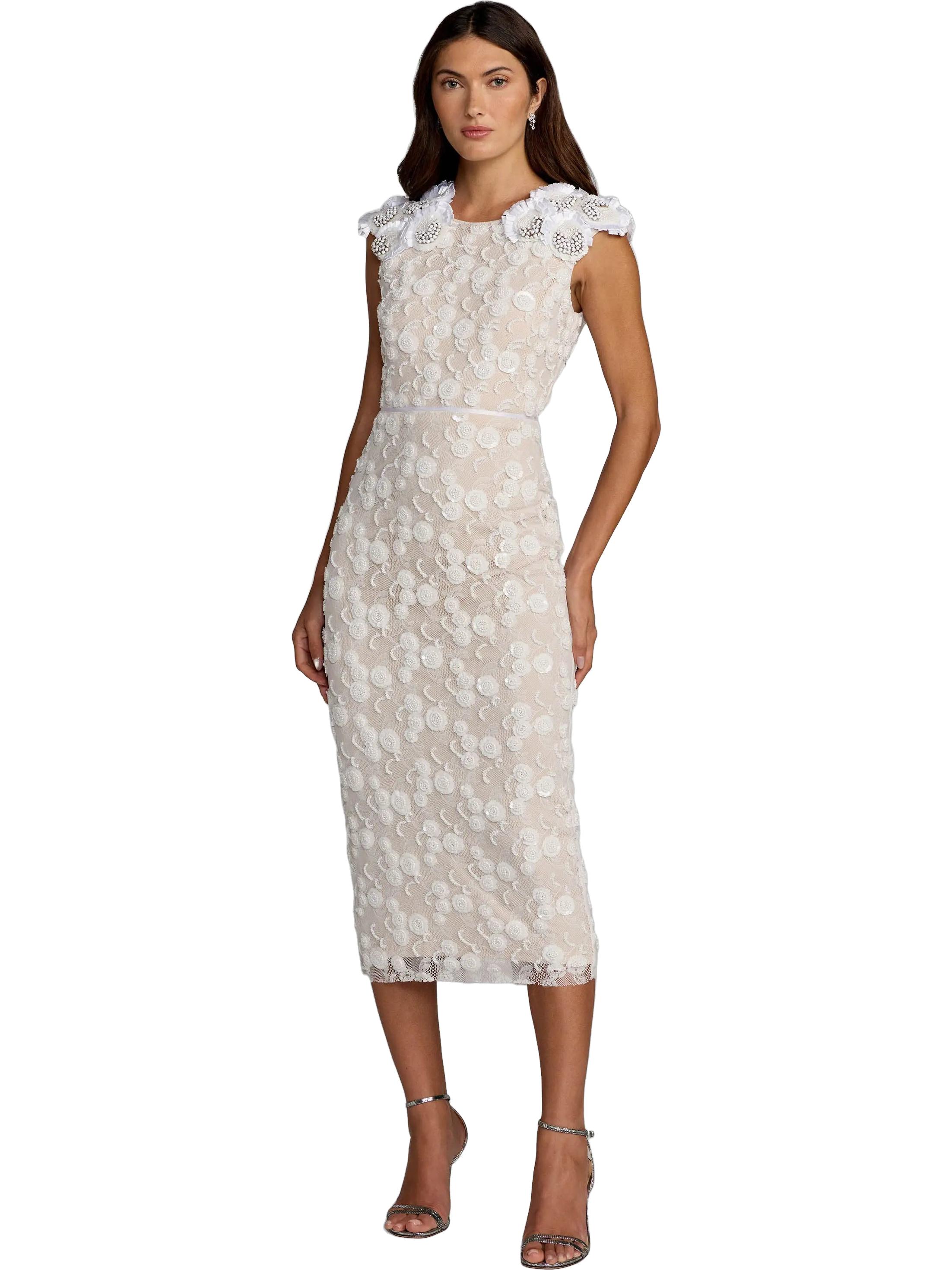 MAC DUGGAL Mac Duggal Embellished Lace Midi Dress with 3D Floral Appliqués